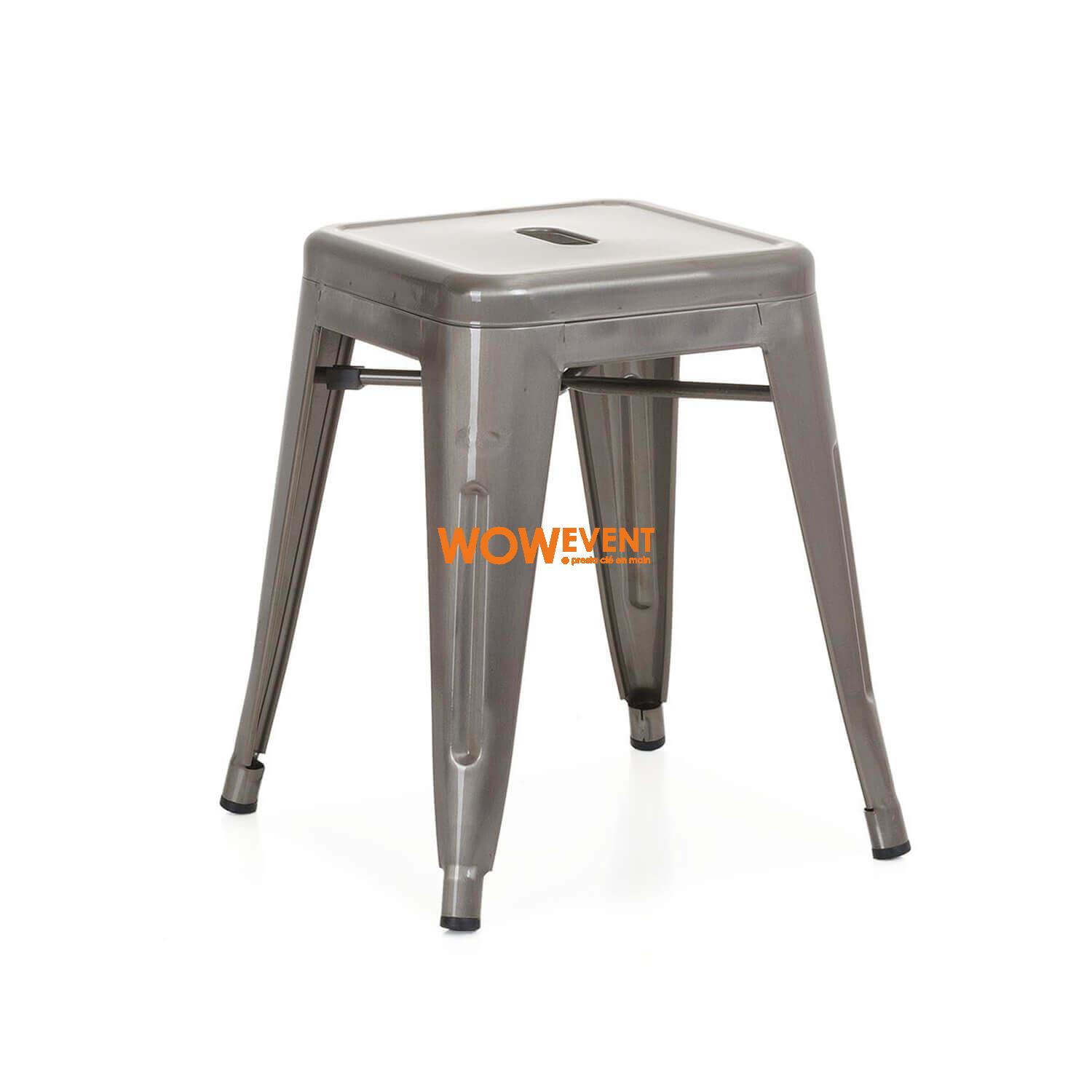 Tabouret bas gris en acier brossé | BERLIN - Wowevent : location assise